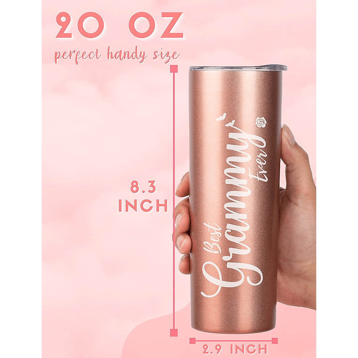 Grammy Gifts from Granddaughter, Grandson, Grandchild, Insulated Stainless Steel Wine Tumbler with Lid and Straw, for Grandma on Mother’s Day, Birthday, Christmas, Best Grammy Ever, Rose Gold, 20 oz