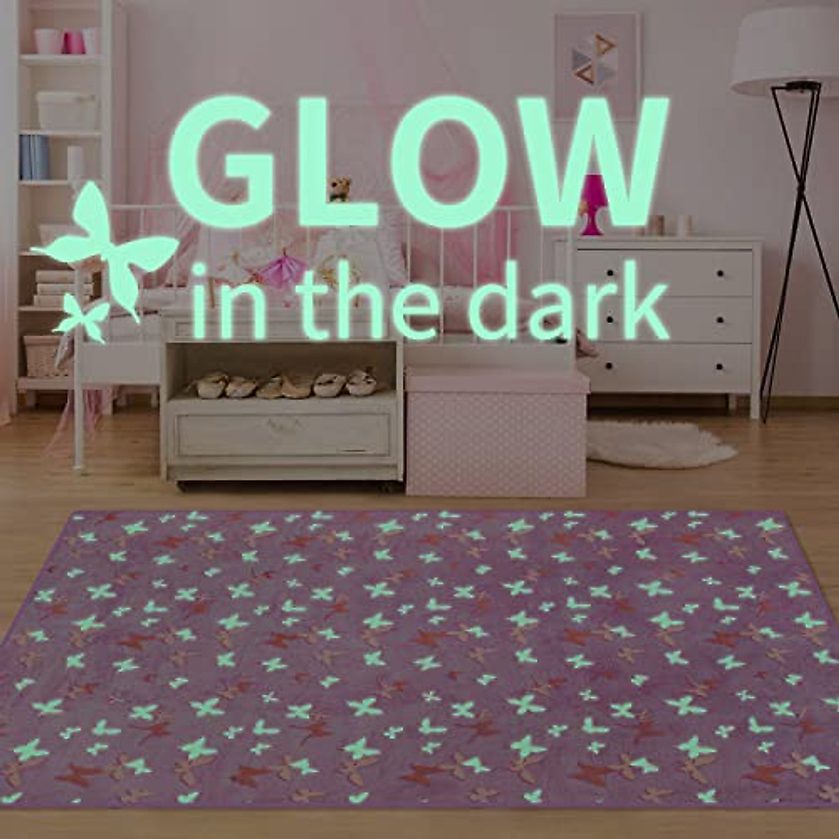 QH Seamless Butterfly Pattern Glow in The Dark Area Rug Area Rug for Living Room Bedroom Playing Room 72 x 60 Inch