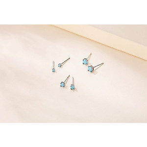 Sterling Silver Stud Earrings for Men Women- Hypoallergenic Tiny Turquoise Stud Earring Set White Gold Plated Round Prong-Set Birthstone Small Earrings(2mm/3mm/4mm)