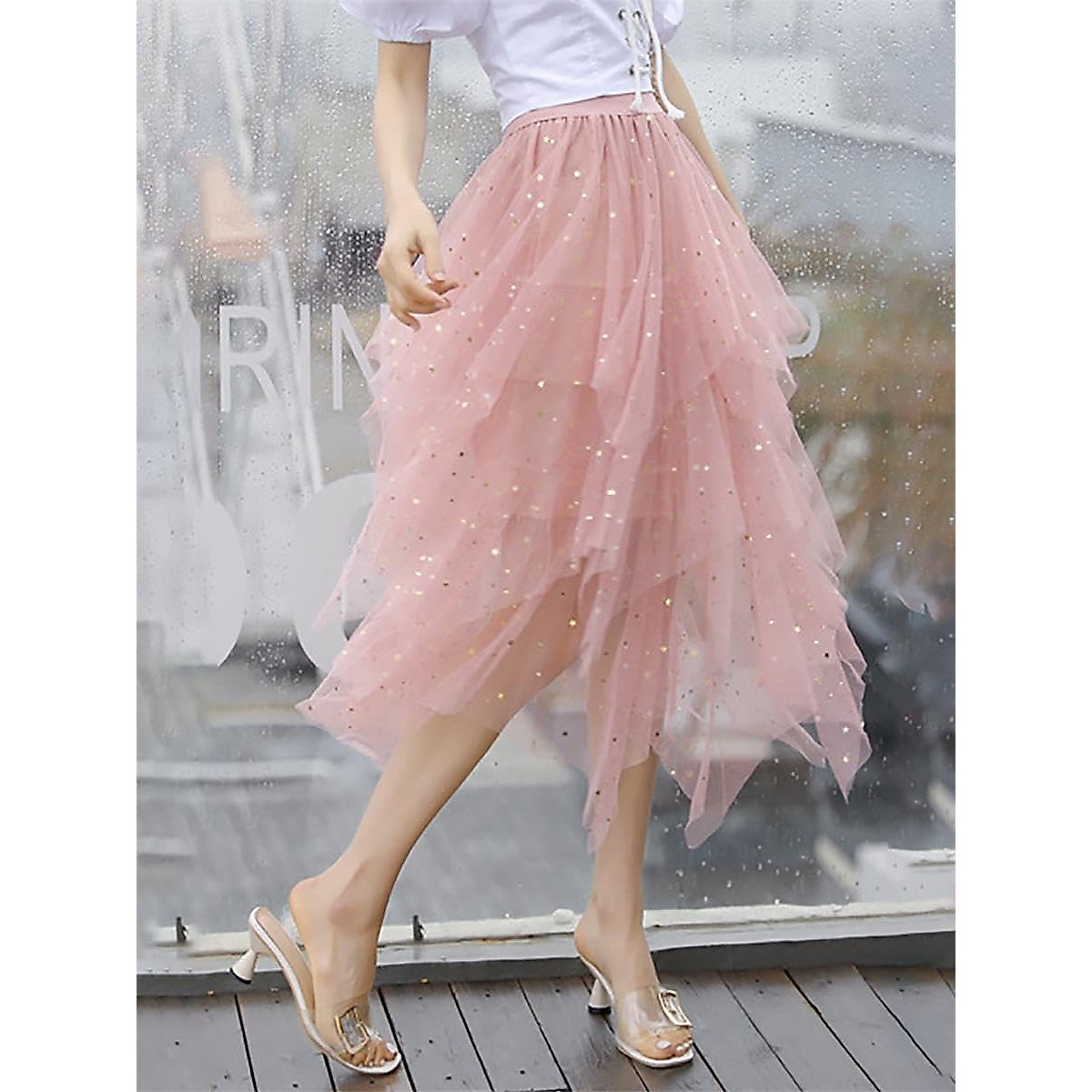 Reaowazo Tulle Skirts for Women Midi Long Fairy Skirt Tutu A-Line Mesh Layered High Elastic Waist Halloween Skirts Pink Sequin One Size