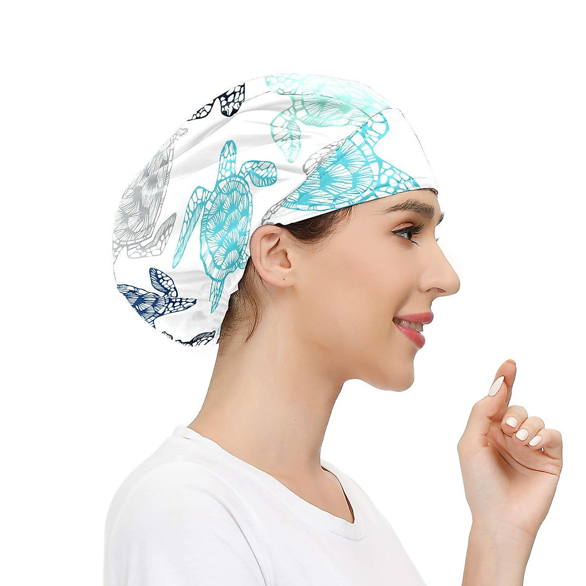 Womens Working Cap with Cotton Sweatband Adjustable Elastic Bouffant Hat Tie Back Work Hats for Women Men One Size Working Cap Head Hair Covers Boho Sea Turtle Tortoise (3)