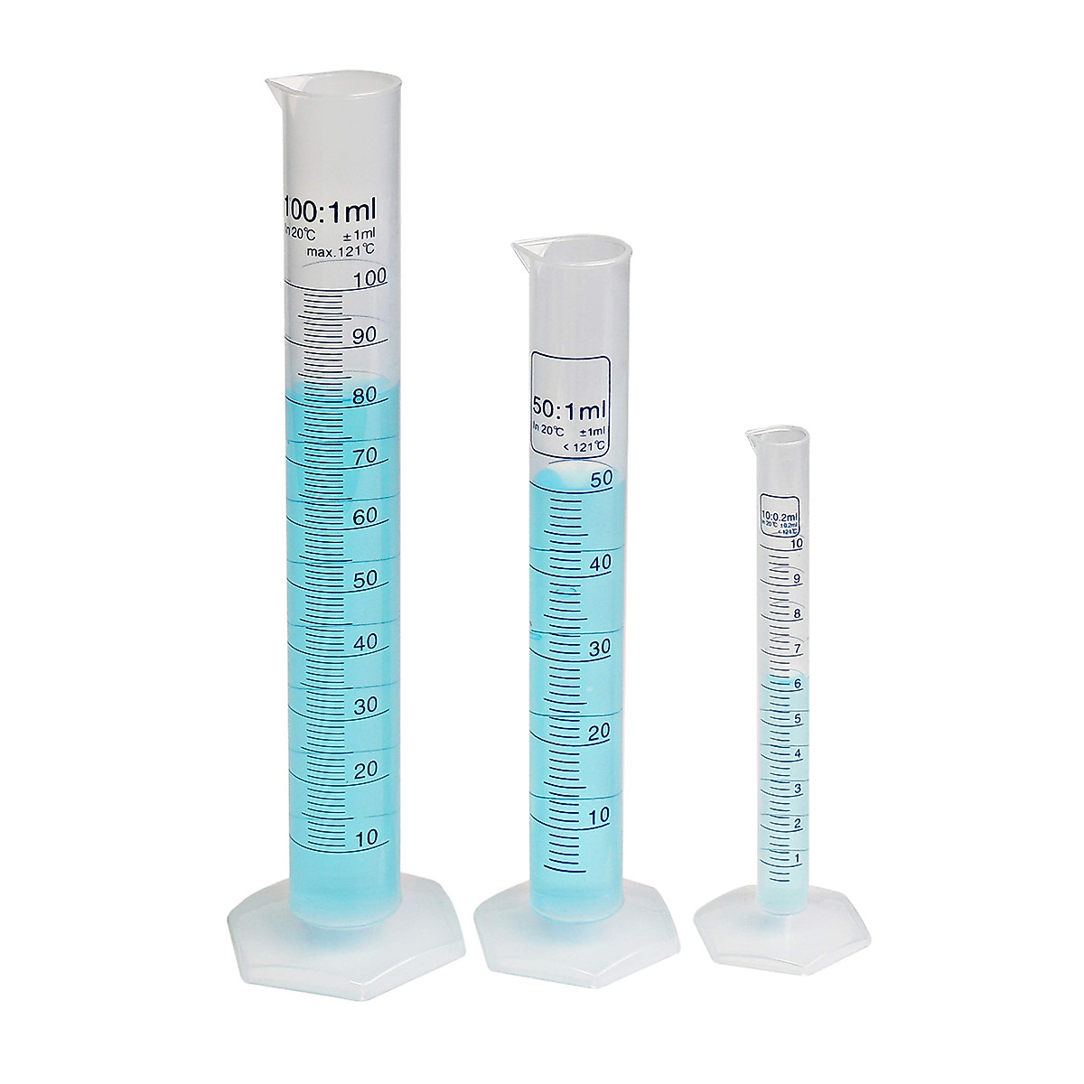 ULAB Scientific Plastic Measuring Cylinder Set, 3 Sizes 10ml 50ml 100ml, PP Material Hexagonal Base, Blue Printed Graduation, UMC1003