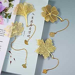 Metal Bookmarks with Chain Golden Hollow Leaf Bookmark Unique Leaf Plant Gifts Bookmark for Women Men Book Lovers Writers Readers(Apricot Chain)