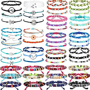 Henoyso 57 Pieces Surfer Strand Wave, Braided Stretch Friendship Woven Rope Bracelets Adjustable Waterproof Handmade Wax Wrap Anklet Sunflower Beach Bracelets for Girls Women (Summer Style)