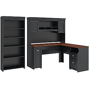 Bush Furniture Fairview L Shaped Desk with Hutch and 5 Shelf Bookcase in Antique Black