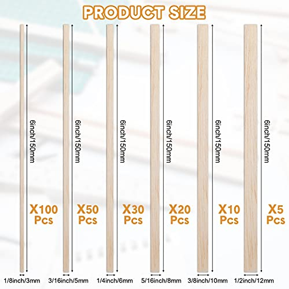 215 Pieces Balsa Wood Sticks Wooden Dowel Rods 1/8, 3/16, 1/4, 5/16, 3/8, 1/2 Inch Round Hardwood Unfinished Wooden Strips for DIY Molding Crafts Projects Making (Square)