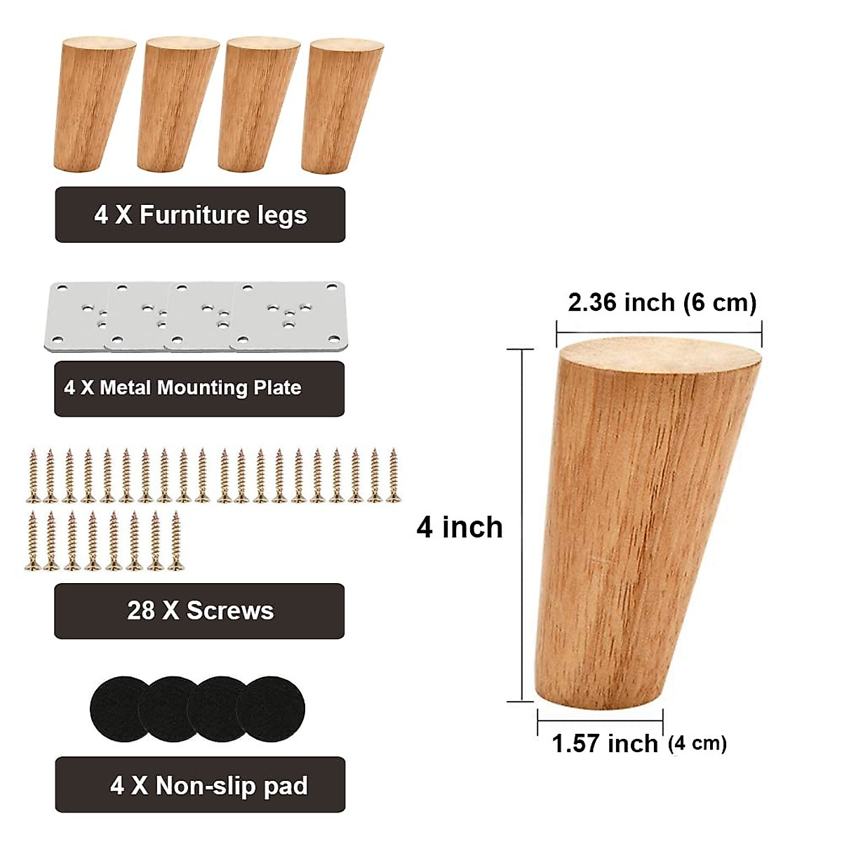 Alecutremy Wood 4 Inch Tapered Furniture Legs Set of 4 Round Solid Mid Century Couch Feet Replacement Legs for Sofa Dresser Cabinet Bed Ottoman Home DIY