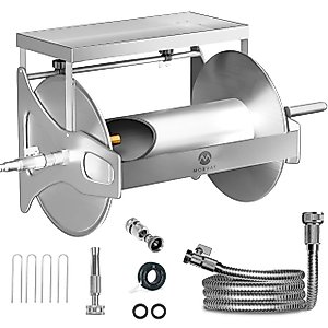 Morvat Stainless Steel Metal Water Hose Reel for 150FT Hose, Retractable Garden Hose Holder with Storage Shelf & Crank, Wall/Floor Mount, Includes 5Ft Leader Hose with ON/OFF Valve & Accessories