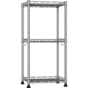 YOHKOH 3 Tier Storage Shelves Rack,16.6L x 11.5W x 32.5H Adjustable Metal Shelf Units,Steel Storage Wire Shelving,Closet,Kitchen,Home,Office with 5 Hooks Silver