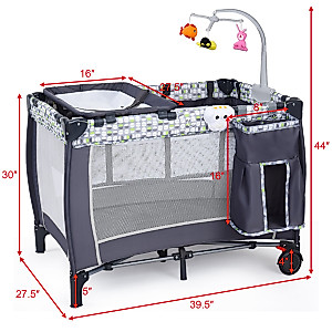 HONEY JOY Portable Baby Playard, 3-in-1 Pack and Play with Infant Bassinet, Diaper Changer & Toy Bar, Lockable Wheels, Toddler Play Yard w/Carry Bag Gray