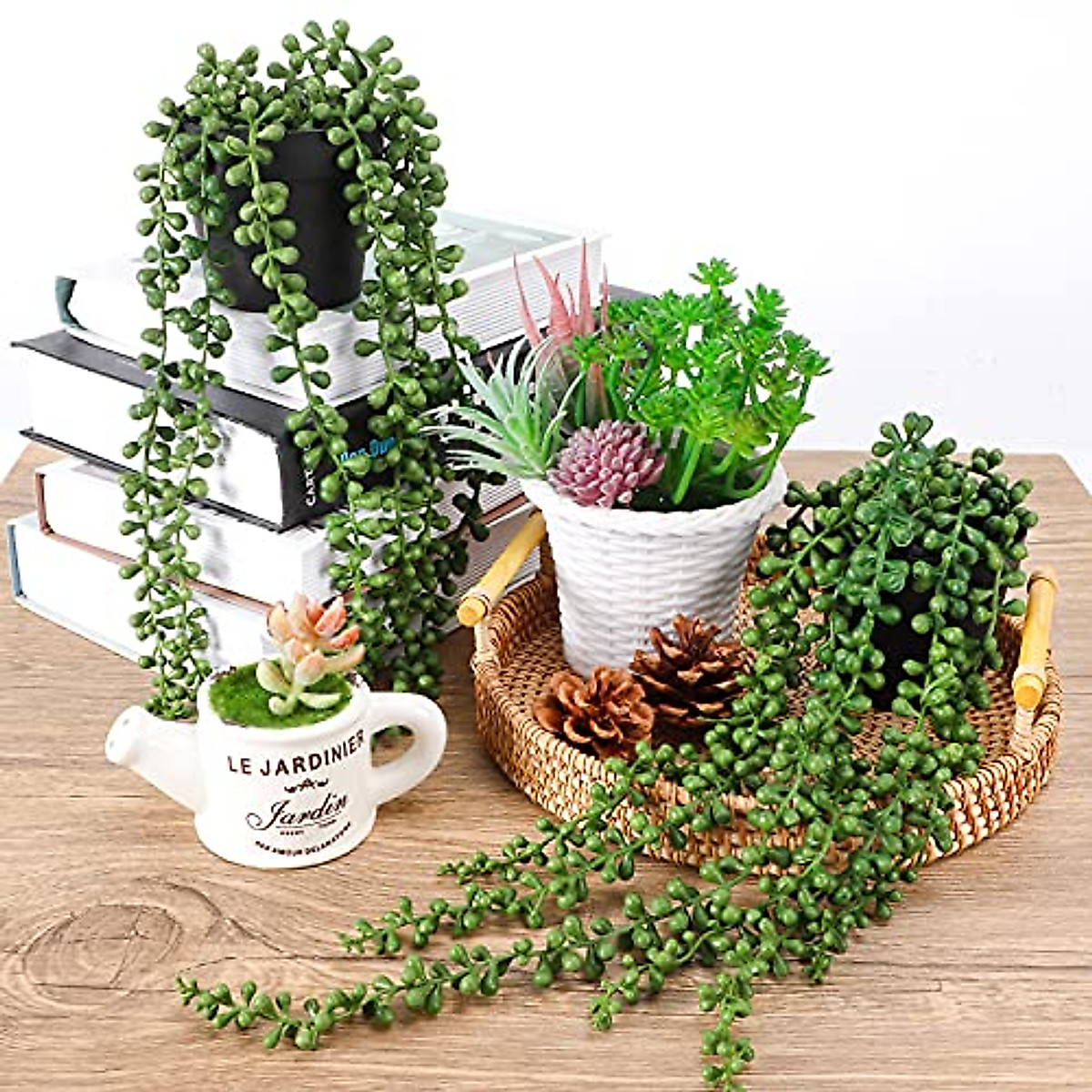 FUNARTY 2pcs Faux Plants Indoor — Artificial String of Pearls Plant in Black Pots, Realistic Green Fake Hanging Plants for Shelf Decor Desk Home Garden Decorations