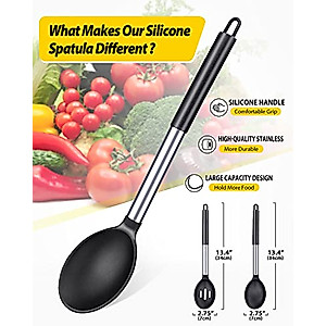 Pack of 2 Large Silicone Cooking Spoons,Non Stick Solid Basting Spoon,Heat-Resistant Kitchen Utensils for Mixing,Serving,Draining,Stirring (BLACK)