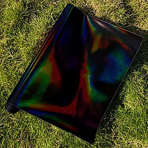11.8"x53" Holographic Faux Leather Fabric, Mirror Reflective Vinyl for DIY Hair Bows Bags Sewing Crafts (Black)
