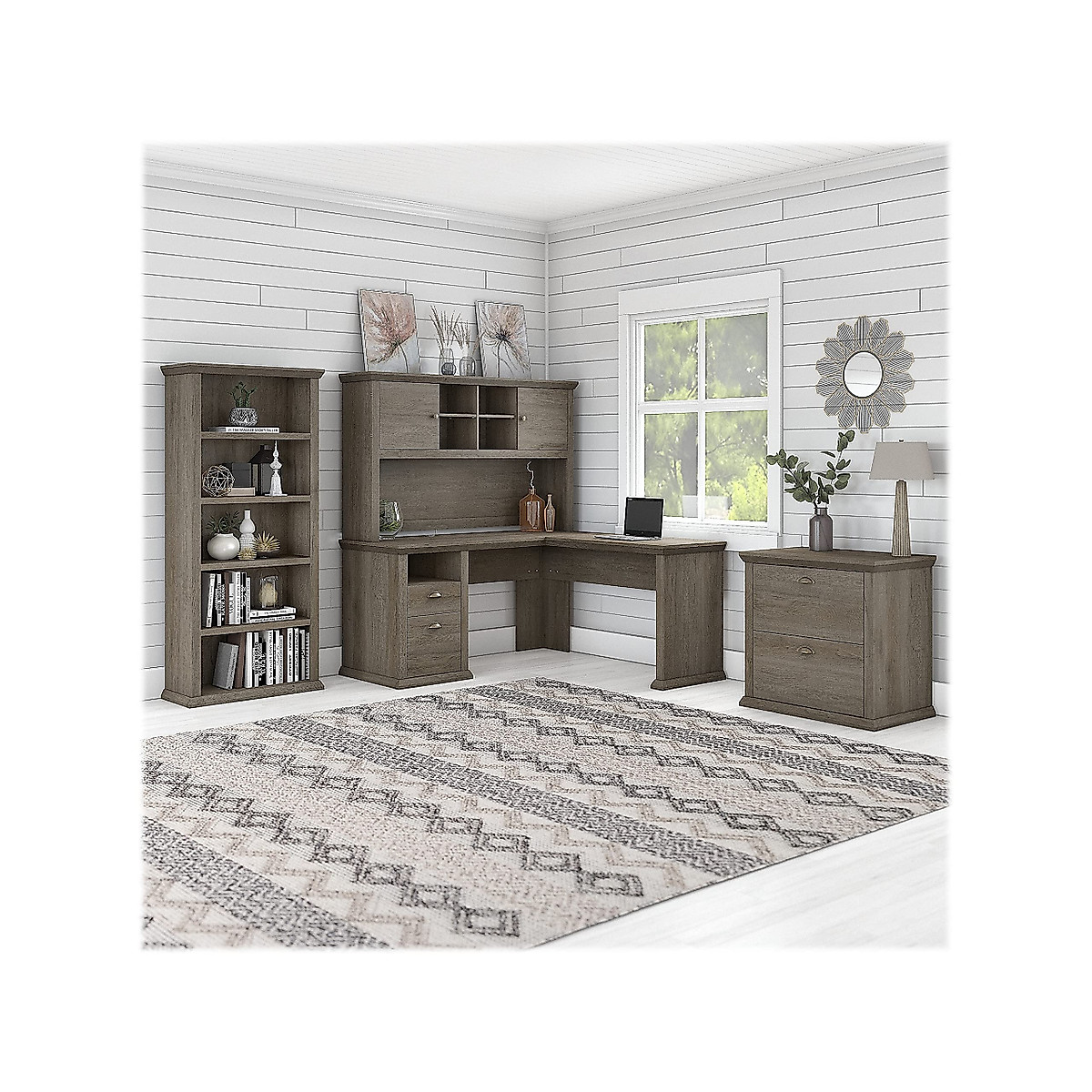 Bush Furniture Yorktown L Shaped Desk with Hutch, Lateral File Cabinet and 5 Shelf Bookcase, 60W, Restored Gray