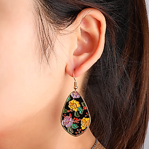 Bohemian Drop Flower Earrings for Women Colorful Floral Pattern Epoxy Resin Tie Dye Lightweight Elegant Vintage Teardrop Dangle Earrings Boho Statement Earrings Jewelry Gift for Her, Black