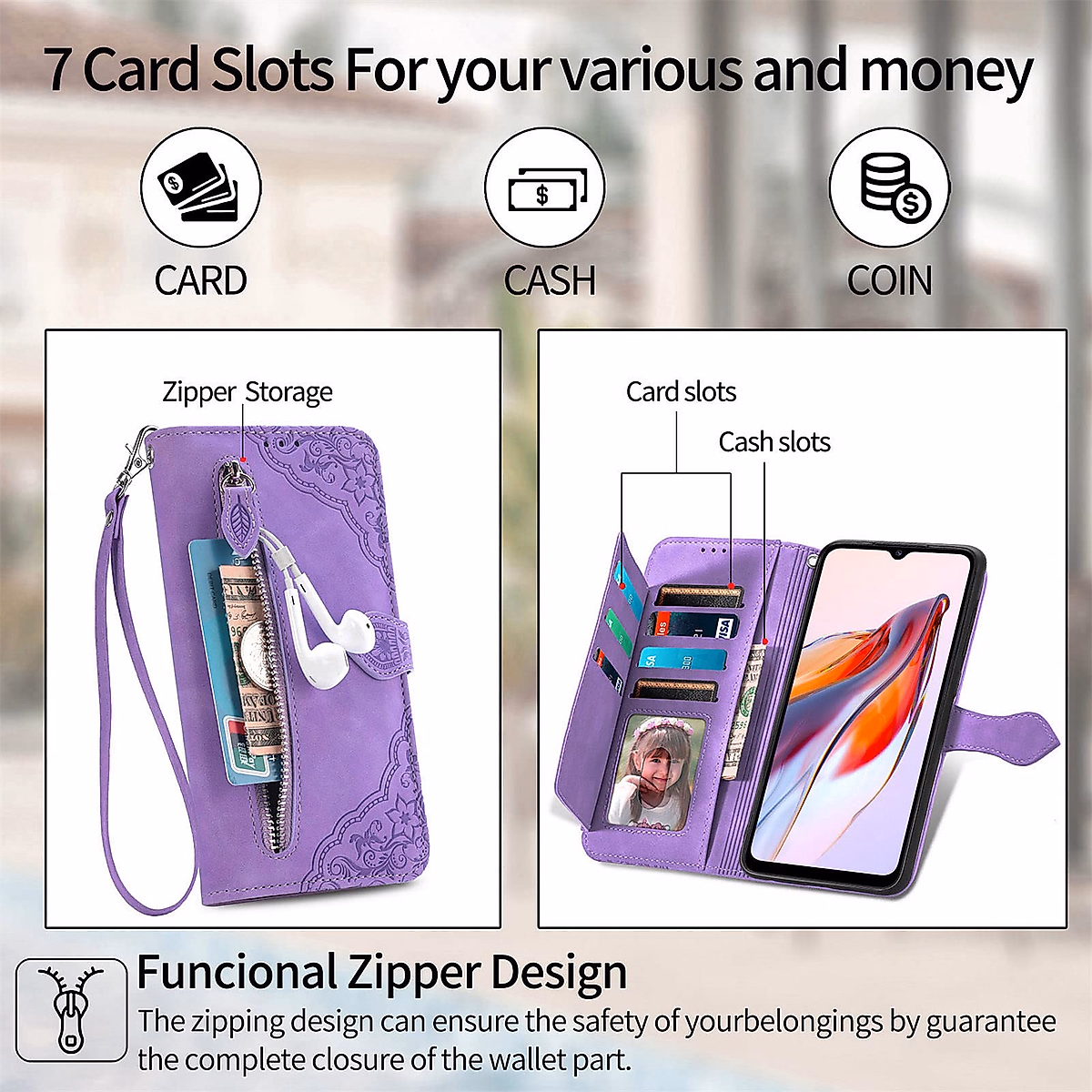 DAMONDY for Xiaomi Redmi 12C Zipper Wallet Case,Xiaomi Redmi 12C Case,Premium Magnetic Closure Stand Function Folio PU Leather Flip Cover Inner Soft TPU Case for Xiaomi Redmi 12C -Purple