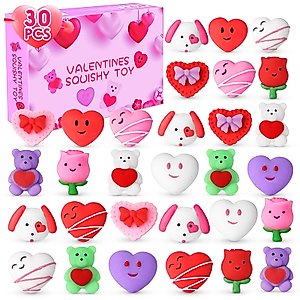 NPET 30Pcs Mochi Squishies Valentines Party Favors Valentines Day Gifts for Kids Classroom, Kawaii Mochi Squishy Toys Heart Rose Bear Valentines Day Gifts Exchange School Prize Stress Relief Toys