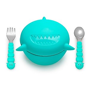 melii Silicone Bowl with Lid & Utensils – spoon and fork for Baby, Toddlers and Kids, BPA Free, Dishwasher & Microwave Safe (Shark)