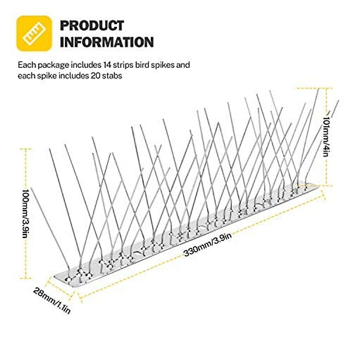 Bird Spikes for Pigeons Small Birds Cat Cover 192 Inch, OneSight Anti Bird Spikes Stainless Steel Bird Deterrent Spikes Repellent Fence Spikes（14 Packs