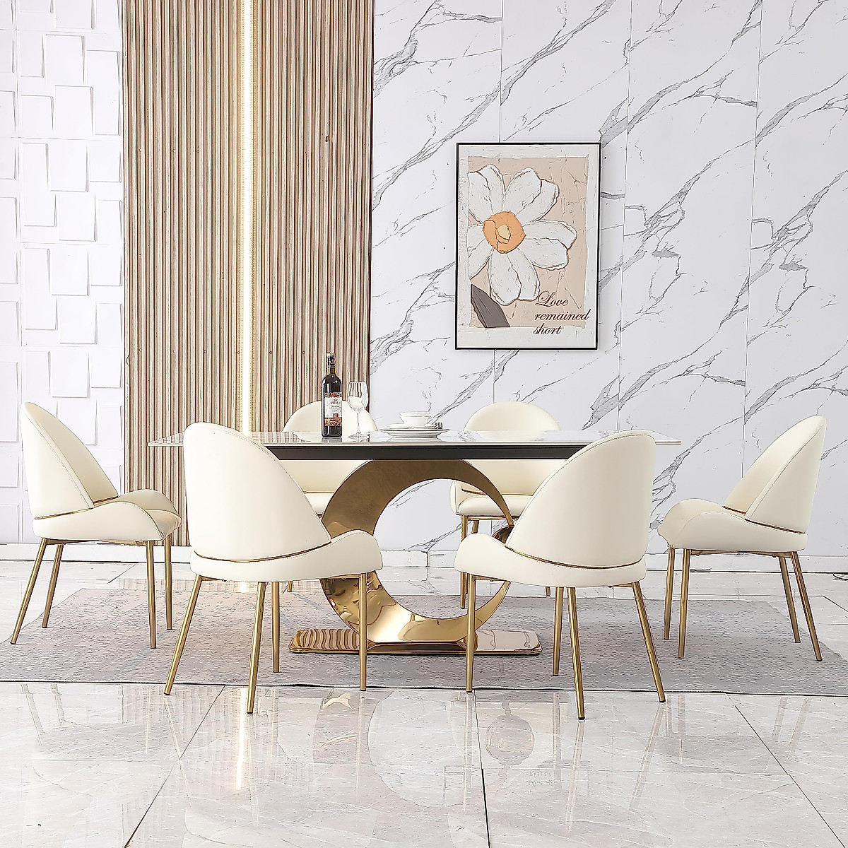 Voohek, Gold 71" Modern Sintered Stone Rectangular Dining Table with Unique C-Shaped Striped Pedestal Base and Anti-Collision Rounded Corner Design, for 6-8 People