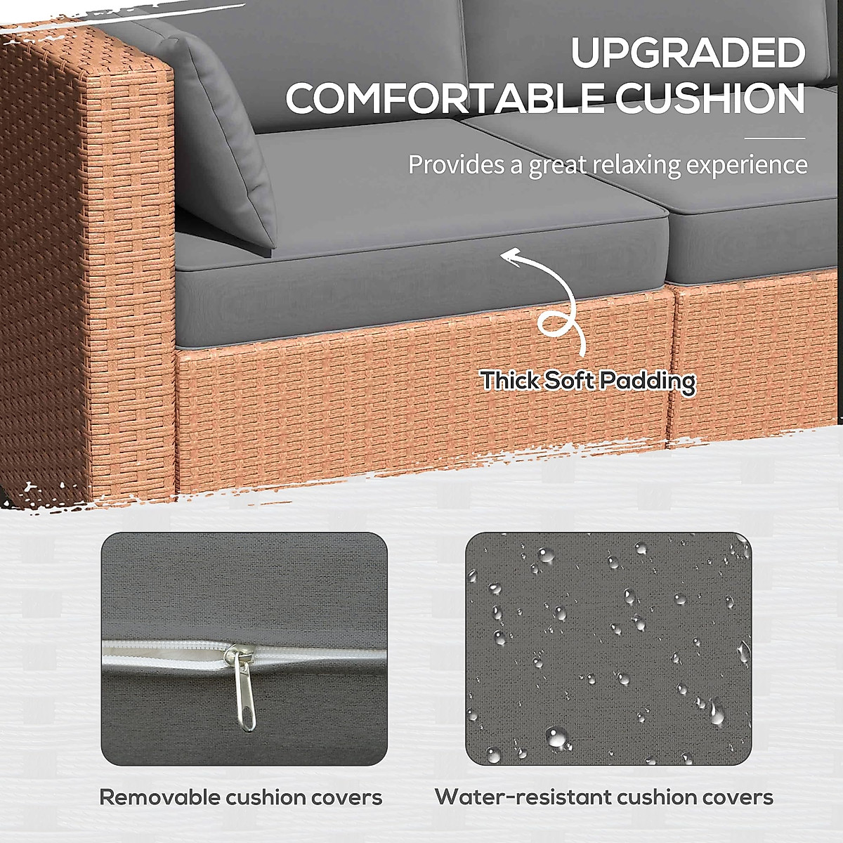 Outsunny Wicker Patio Couch, PE Rattan 3-Seat Sofa, Outdoor Furniture with Deep Seating, Cushions, Steel Frame, Sand