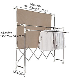 Jixi Drying Rack Clothes Airer Stainless Steel Drying Rack Double Pole Folding Adjustable Clothes Hanger with Universal Wheel Indoor Outdoor Laundry Rack (Color : Stainless Steel)