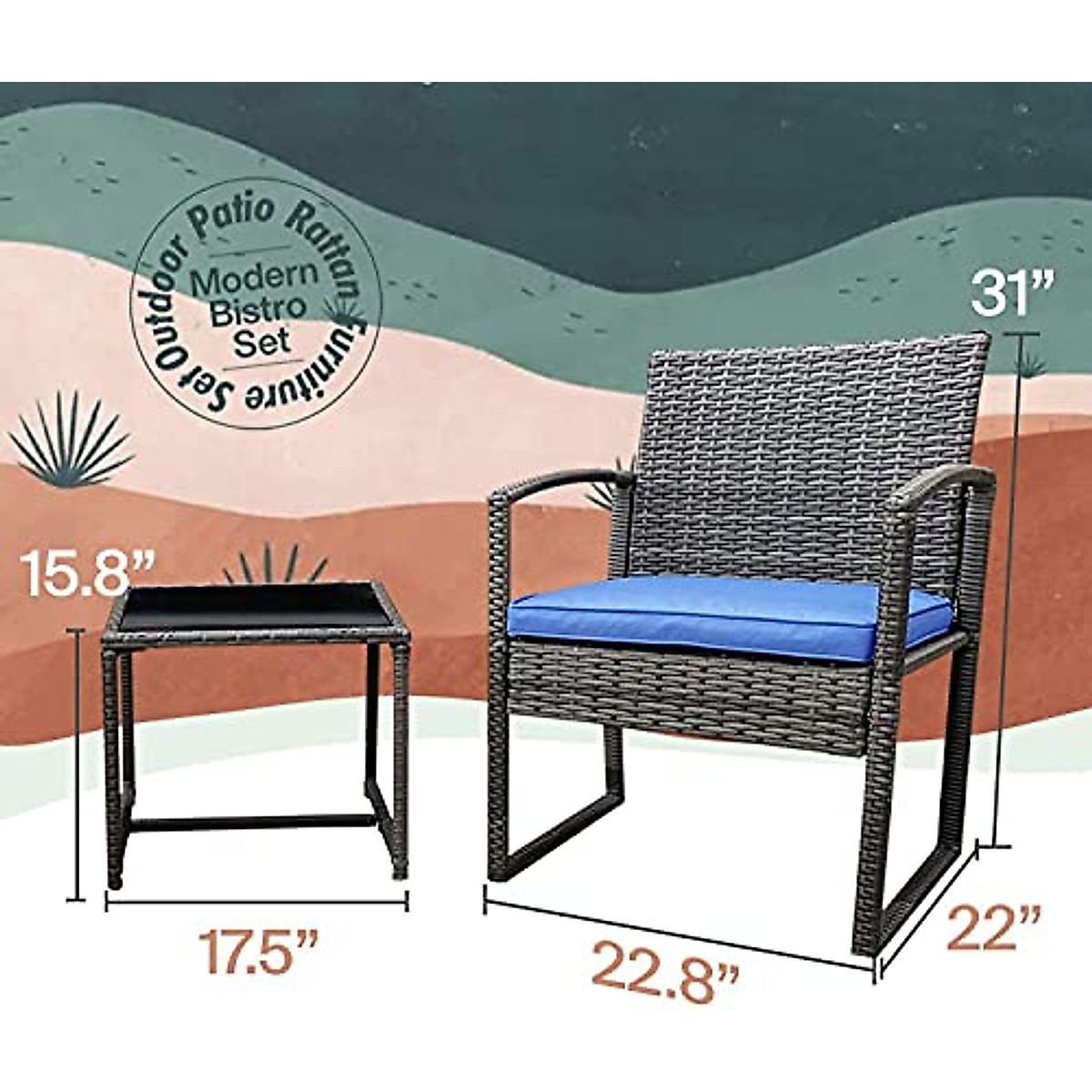 Pyramid Home Decor Black Wicker Furniture - 3 Piece Bistro Set for Outdoor Conversation - 2 Cushioned Rattan Chairs with Glass Coffee Table for Patio, Lawn, Porch, Lounge, Deck, Balcony & Living Room