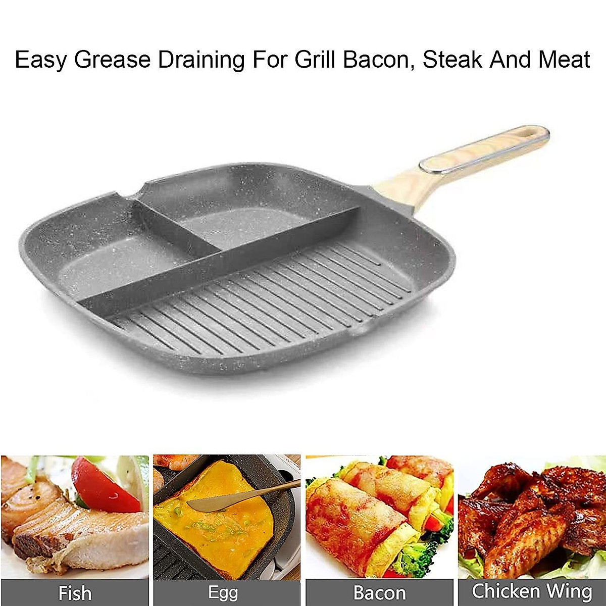 JUSTUP Nonstick Grill Pan, 3-in-1 Egg Pan 11 Inch Non Stick Skillet Pan, Heat Resistant Handle 3 Section Skillet Pancake Pan, Divided Pan Cooking Pan for Breakfast, Egg, Bacon and Burgers