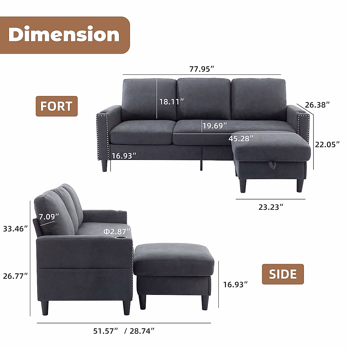Siiejia Convertible Sectional Couches for Living Room, L-Shaped Couch 3 Seats Sofas with Storage Chaise & 2 Cup Holders, Small Sofa for Apartment, Compact Spaces, Dark Grey