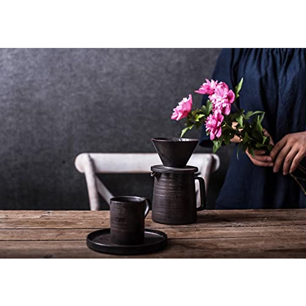 globe faith Stoneware Handmade Pour Over Coffee Maker Set, Ceramic Coffee Brewer Hand Drip Cone Dripper & Coffee Pot Decanter, Annular Vein Retro Metallic Glazed, 16oz