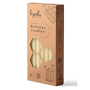 Hyoola 10" Beeswax Taper Candles 12 Pack - Handmade, All Natural, 100% Pure Unscented Bee Wax Candle - Tall, Decorative, White - 10 Hour Burn Time