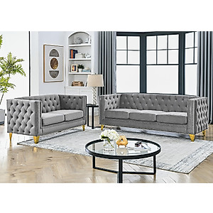 JEEOHEY Chesterfield Sofa,Oversized Velvet Loveseat Sofa Couch,2 Seater Deep Seat Sofa,Modern Sofa Chair with Button Nailhead,Upholstered Futon Couches,Furniture for Living Room,Bedroom,Office(Grey)