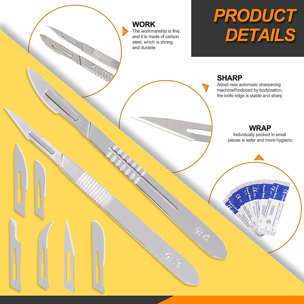Rustark 42Pcs #10#11#12#15 Surgical Grade Blades Sterile Scalpel Blades with #3 Scalpel Knife Handle Assortment Kit for Biology, Lab Anatomy, Practicing Cutting, Art Crafts