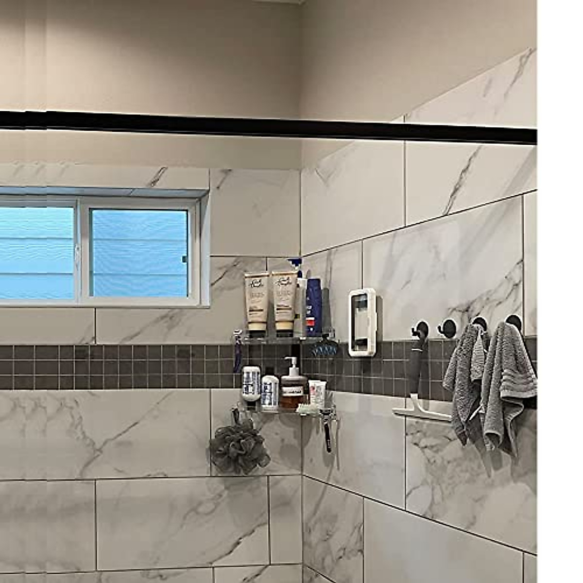 JiePai Acrylic Corner Shower Caddy Shelf with Hooks 2 Pack, Adhesive Wall Mounted Bathroom Shower Shelf Organizer for Inside Shower & Kitchen Storage