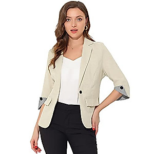 Allegra K Women's Suit Jacket Notched Lapel Collar 3/4 Sleeve Button Front Work Formal Blazer X-Small Beige
