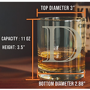 Etched Monogram 11oz Whiskey Rocks Glass (Letter D), A-Z Customized Bourbon Gifts for Men, Personalized Old Fashioned Scotch Glass, Custom Engraved Gifts for Him, Initial, Name, Regalos Personalizados