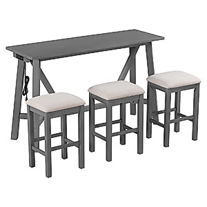 Bellemave Sofa Table with Stools and Outlet Kitchen Bar Height Table and Chairs Console Table with 3 Upholstered Stools 4 Piece High Top Long Dining Table Set, Gray