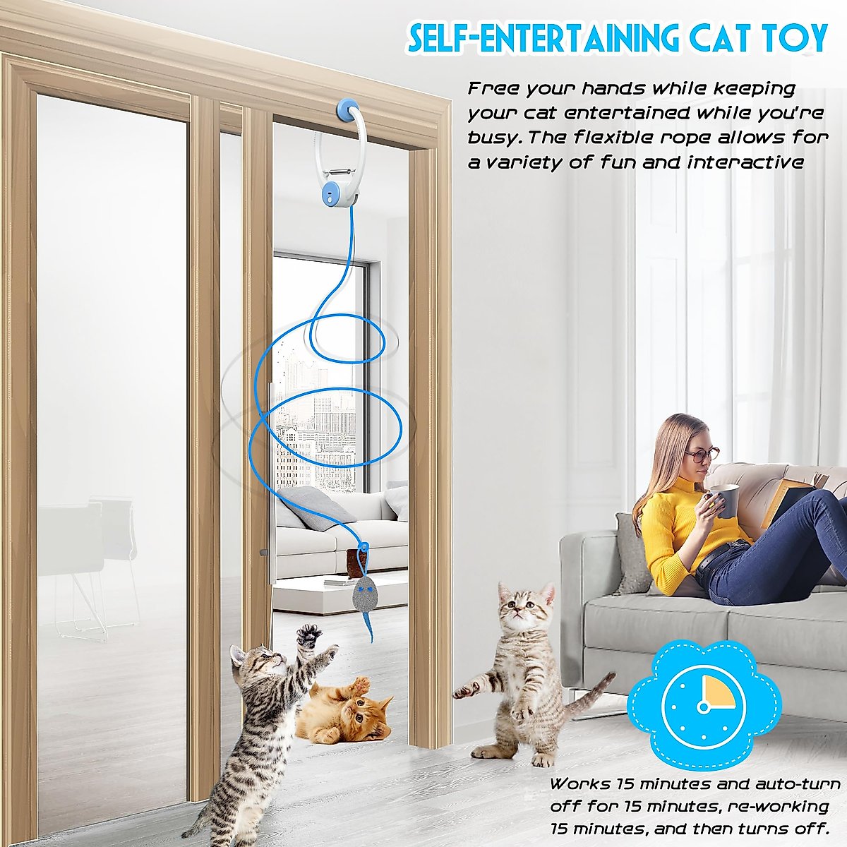 Kezlume Cat Toy Interactive for Indoor Cats, Smart USB Rechargeable Door Hanging Automatic Retractable Kitten Toys, Teaser Electronic Self Play Feather Cat String Toy Attached with 3 Catnip Mice White