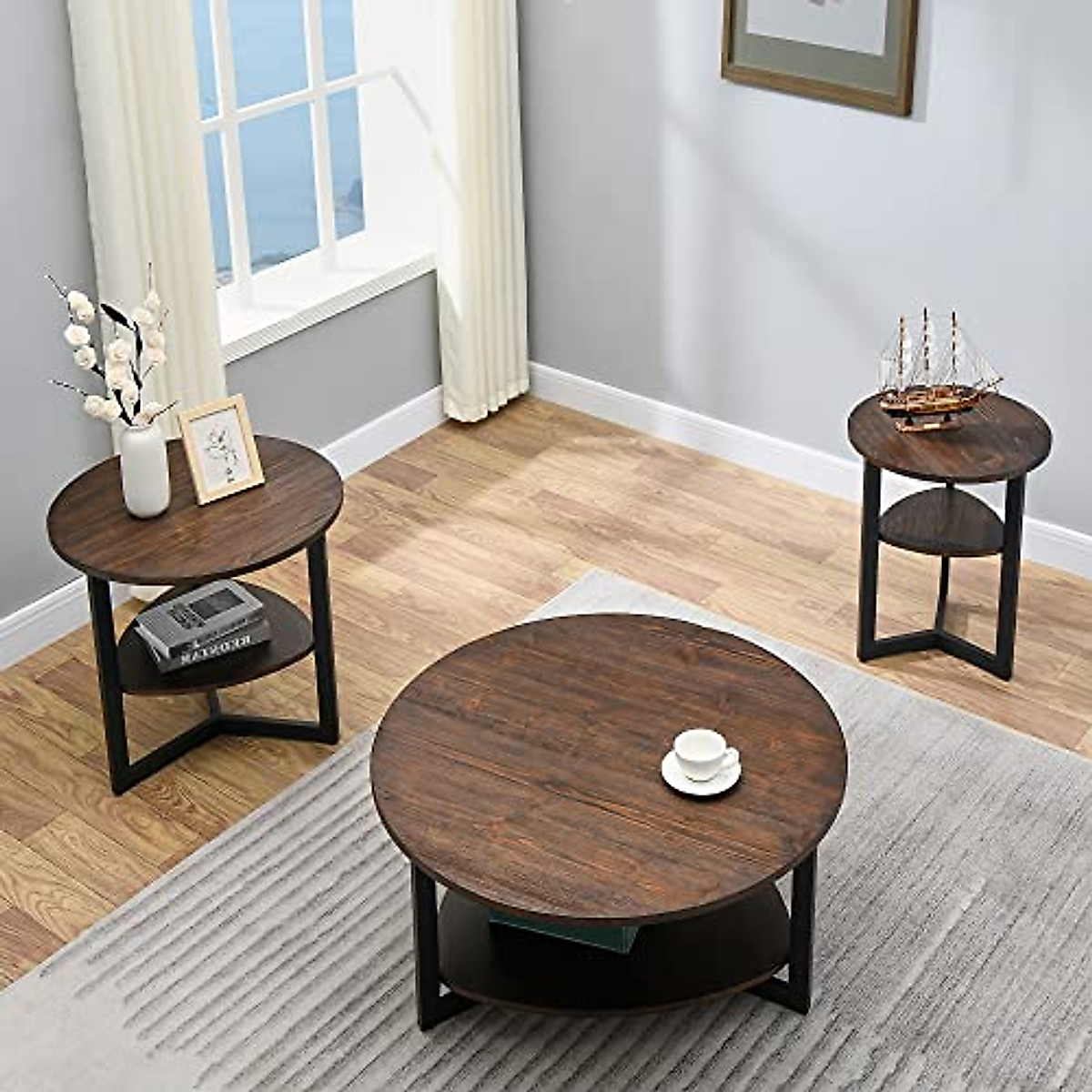 MODERION Round Coffee Table for Living Room, 35.3" Large Farmhouse Cocktail Table with Storage Shelf, Circular Wood Center Tea Table with Metal Leg, Sofa Table, Easy Assembly, Brushed Brown KFZ2338NC