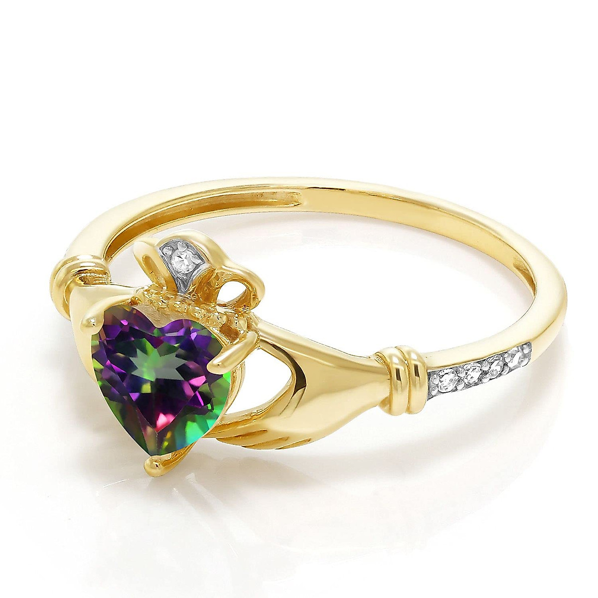 Gem Stone King 10K Yellow Gold Irish Celtic Claddagh Green Mystic Topaz and Diamond Accent Women Heart Shape Ring (1.01 Cttw, Gemstone Birthstone, Available In Size 5, 6, 7, 8, 9)