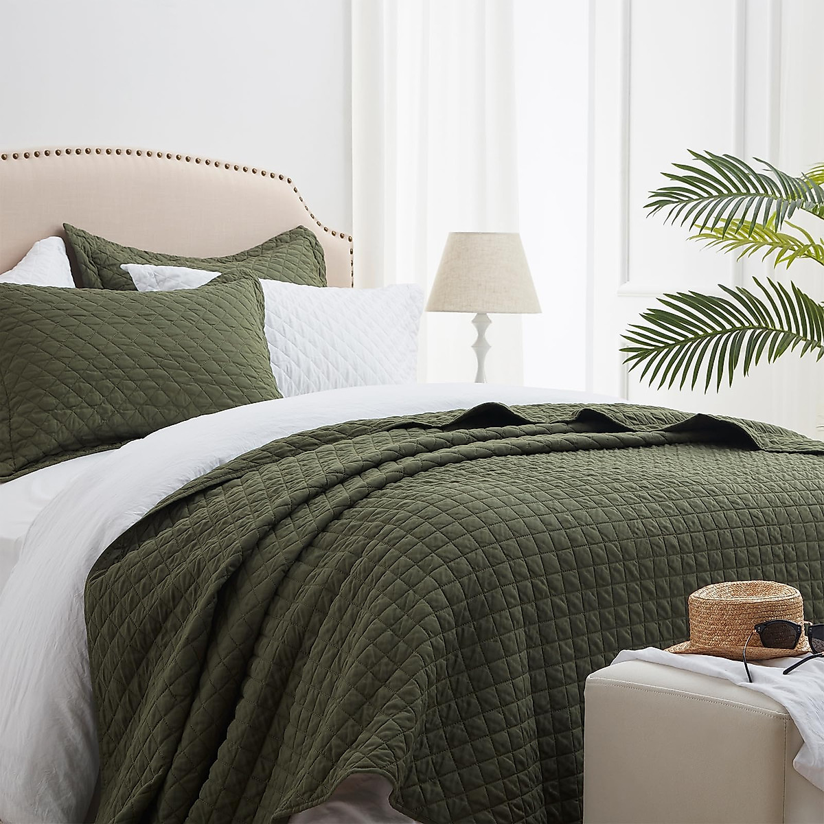 SunStyle Home Quilt Set King Olive Green Lightweight Bedspread Soft Reversible Coverlet for All Season 3pcs Army Green Diamond Quilted Bedding Sets (1 Quilt 2 Pillow Shams)(106"x96")