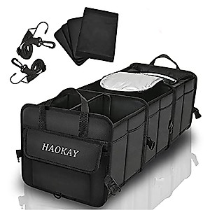 HAOKAY Durable Car Trunk Organizer with Premium insulation cooler bag,Sturdy Collapsible Trunk Storage Organizer, Multi Compartments with Reflective Strip