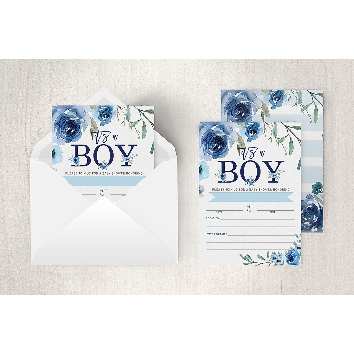 Boy Baby Shower Invitations with Book Request and Diaper Raffle Card, Blue Baby Sprinkle, 20 Fill in Invites