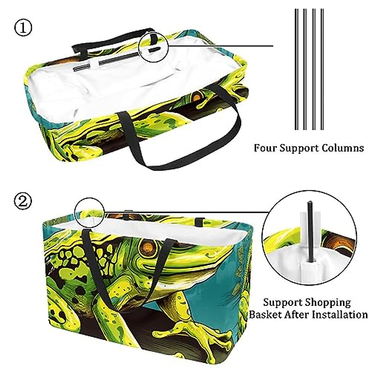 Reusable Grocery Bags Boxes Storage Basket, Red Eye Frog Pattern Collapsible Utility Tote Bags with Long Handle