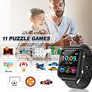 Smart Game Watch for Kids, IP67 Waterproof Kids Smart Phone Watch with 11 Puzzle Games 1.44" HD Touch Screen Music Player Camera Video Recorder Alarm Clock Birthday Learning Toys Boys Girls (Black)