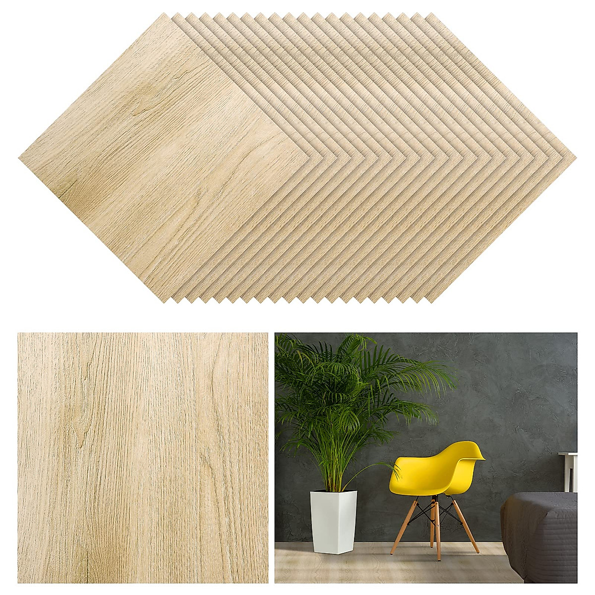 Sasylvia 48 Pcs Peel and Stick Floor Tile Wood Grain Vinyl Flooring Self Adhesive Waterproof Bathroom Floor Tile for Living Bedroom Kitchen Floor, 12 x 12 Inch(Light Yellow, Elegant Style)