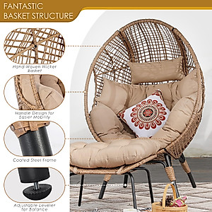 NICESOUL® 2 Person Indoor Outdoor Stationary Wicker Egg Chair Oversized Thicken Cushions Double Egg Seat 440lbs Egg Basket Lounge Chair with Ottomans, Boho Rattan Chair for Patio Brown
