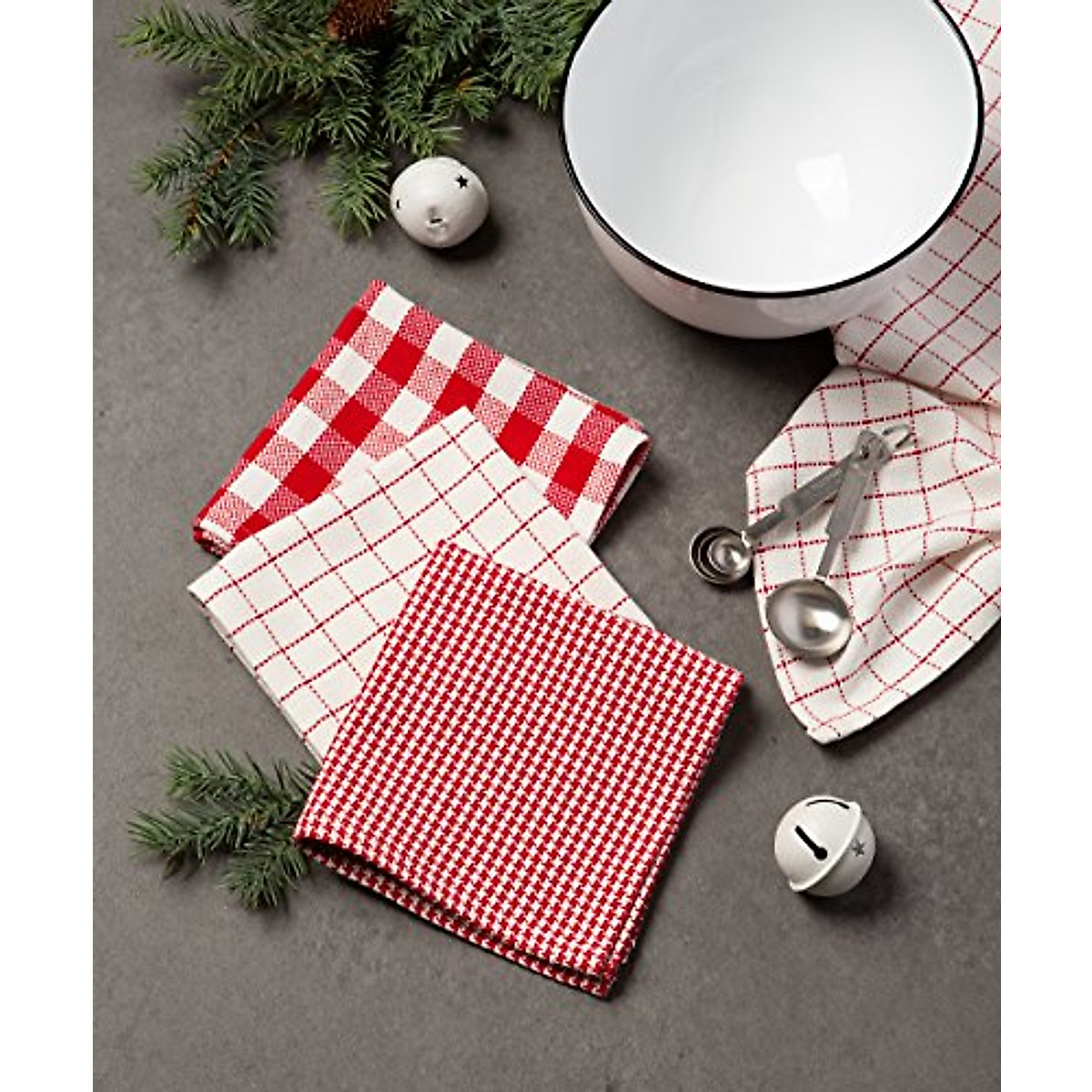 DII Heavy Duty Kitchen Towels Collection Long Lasting Quality, Cotton Dish Towel, 18x28; Dish Cloth, 13x13, Holiday Red Checks, 6 Piece