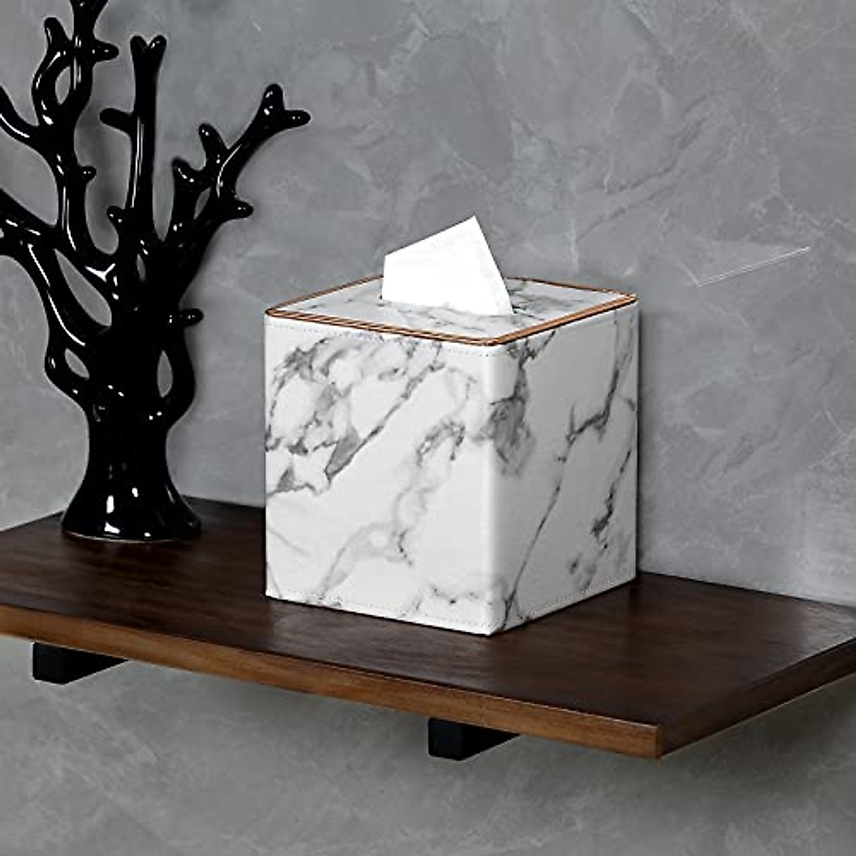 GOLRANLYE Tissue Box Cover Square PU Leather Facial Tissue Box Holder for Dresser Bathroom Decor (White Marble Pattern)