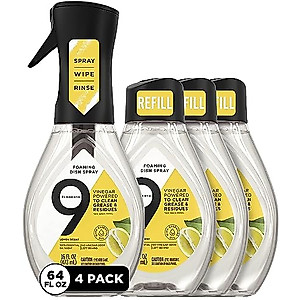 9 Elements Natural Dish Soap, Dishwashing Liquid with Lemon Essential Oils, Made with the Power of Vinegar, 1 Dish Spray Starter Kit & 3 Refills (64 oz Total)